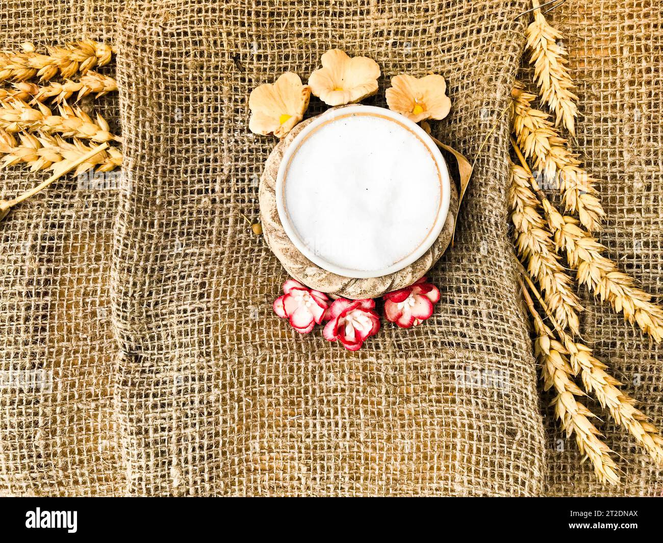 Wheat spikelets of straw and salt shaker with salt on an old brown ...