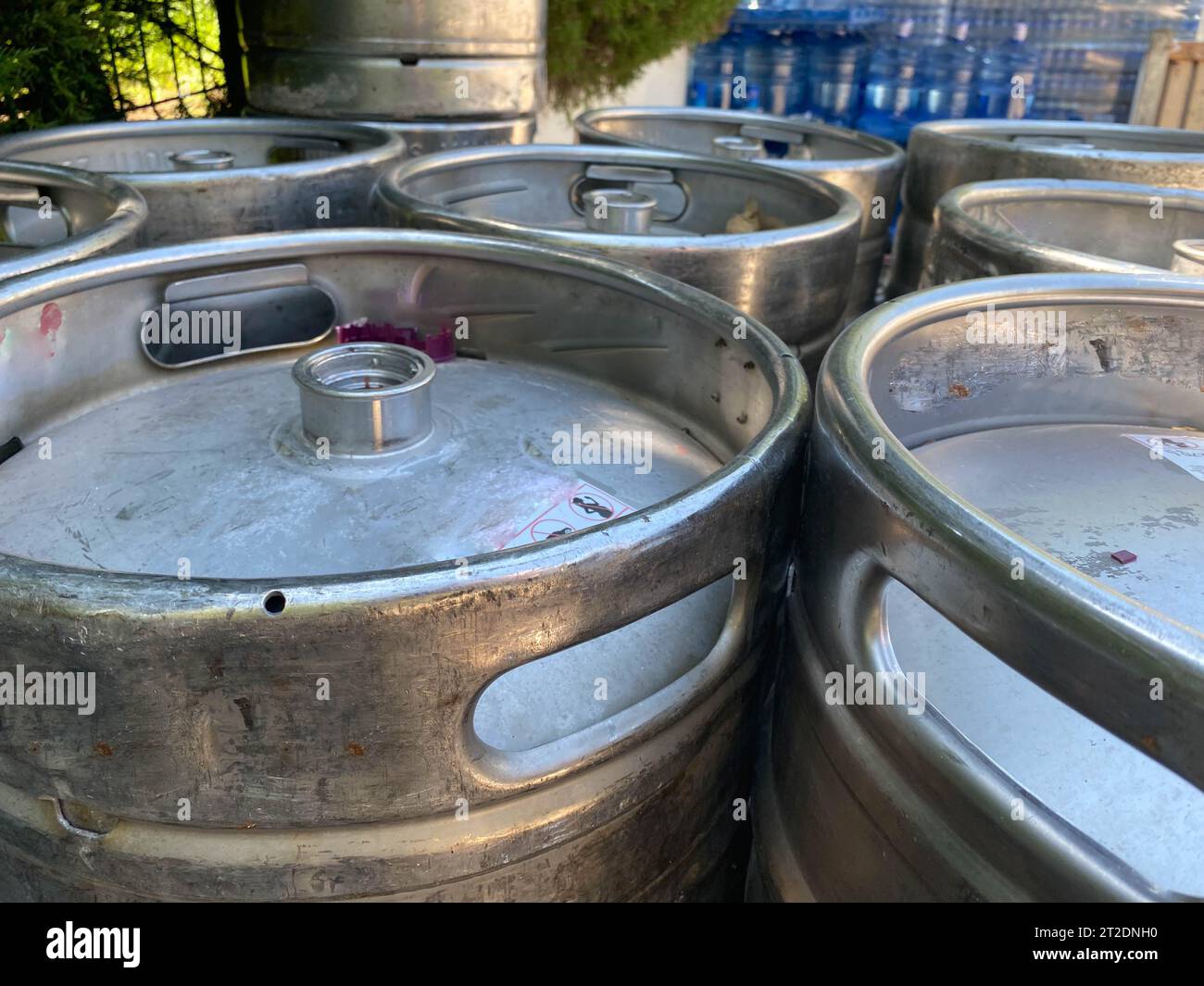 metal barrels at a construction site. large containers for liquid and ...
