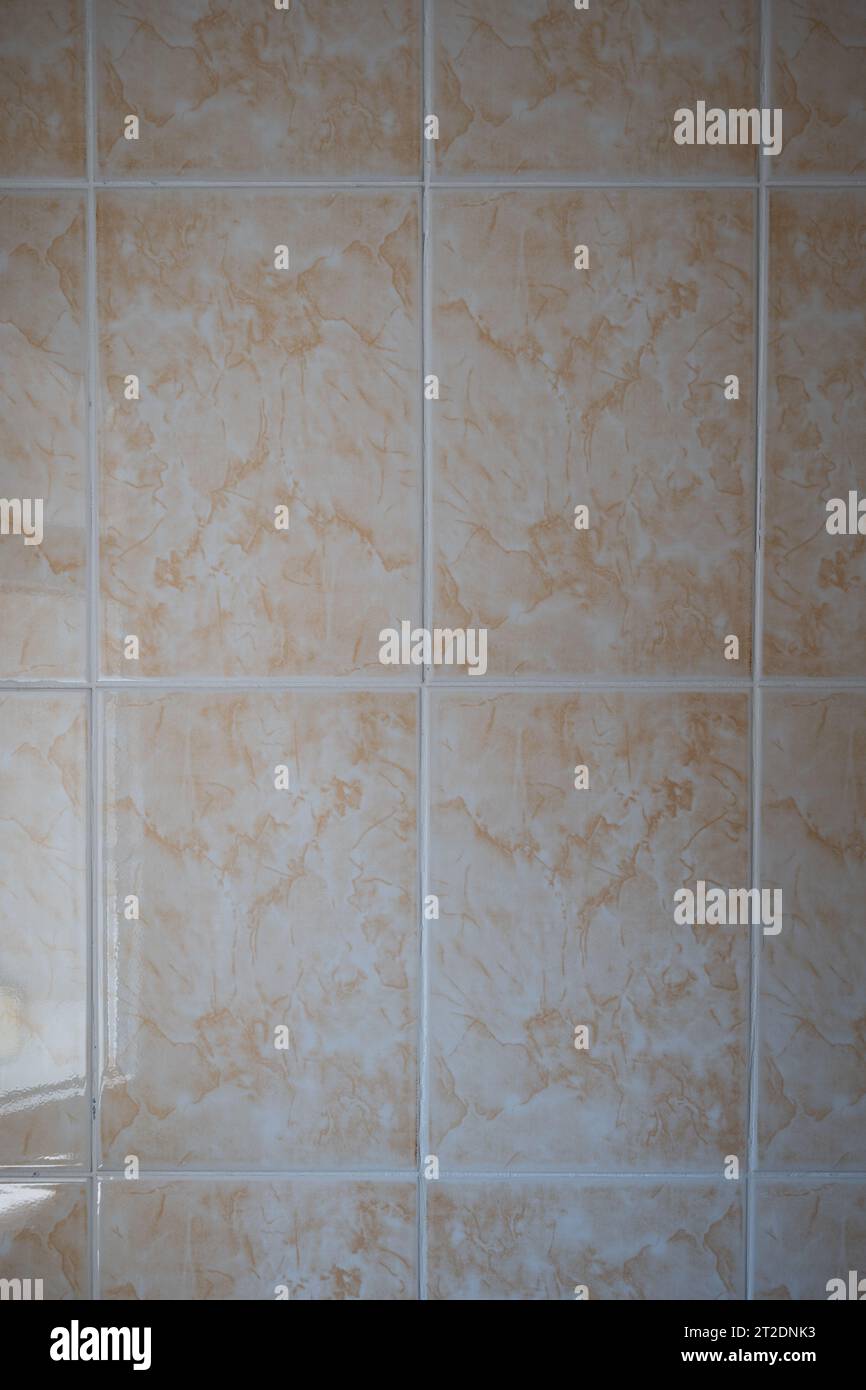 Ceramic bathroom tiles or faience on a wall. Close up shot, light brown ...