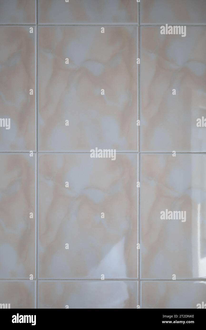 Ceramic bathroom tiles or faience on a wall. Close up shot, light brown ...