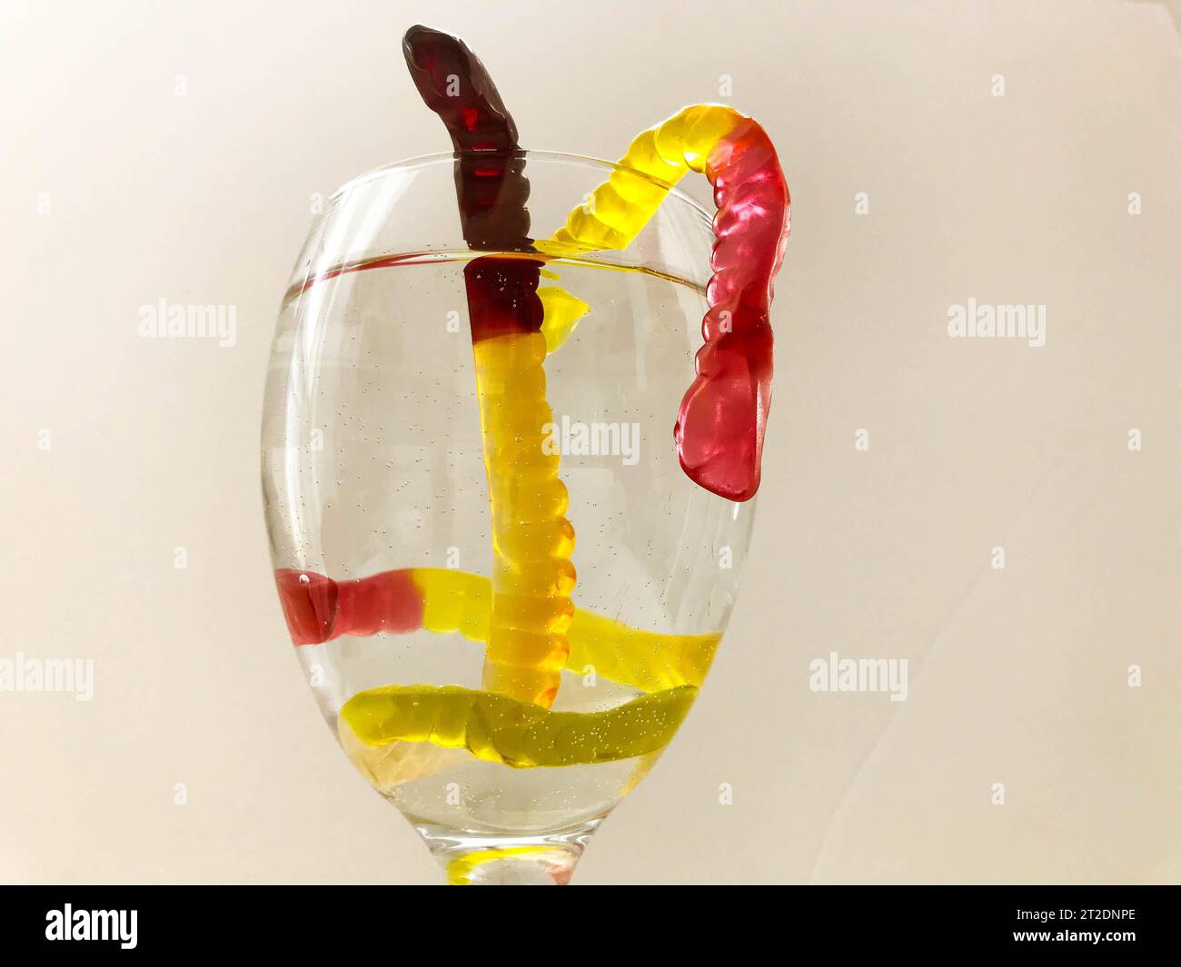 gummy worms float in a transparent glass of water. bright, sweet gummy ...