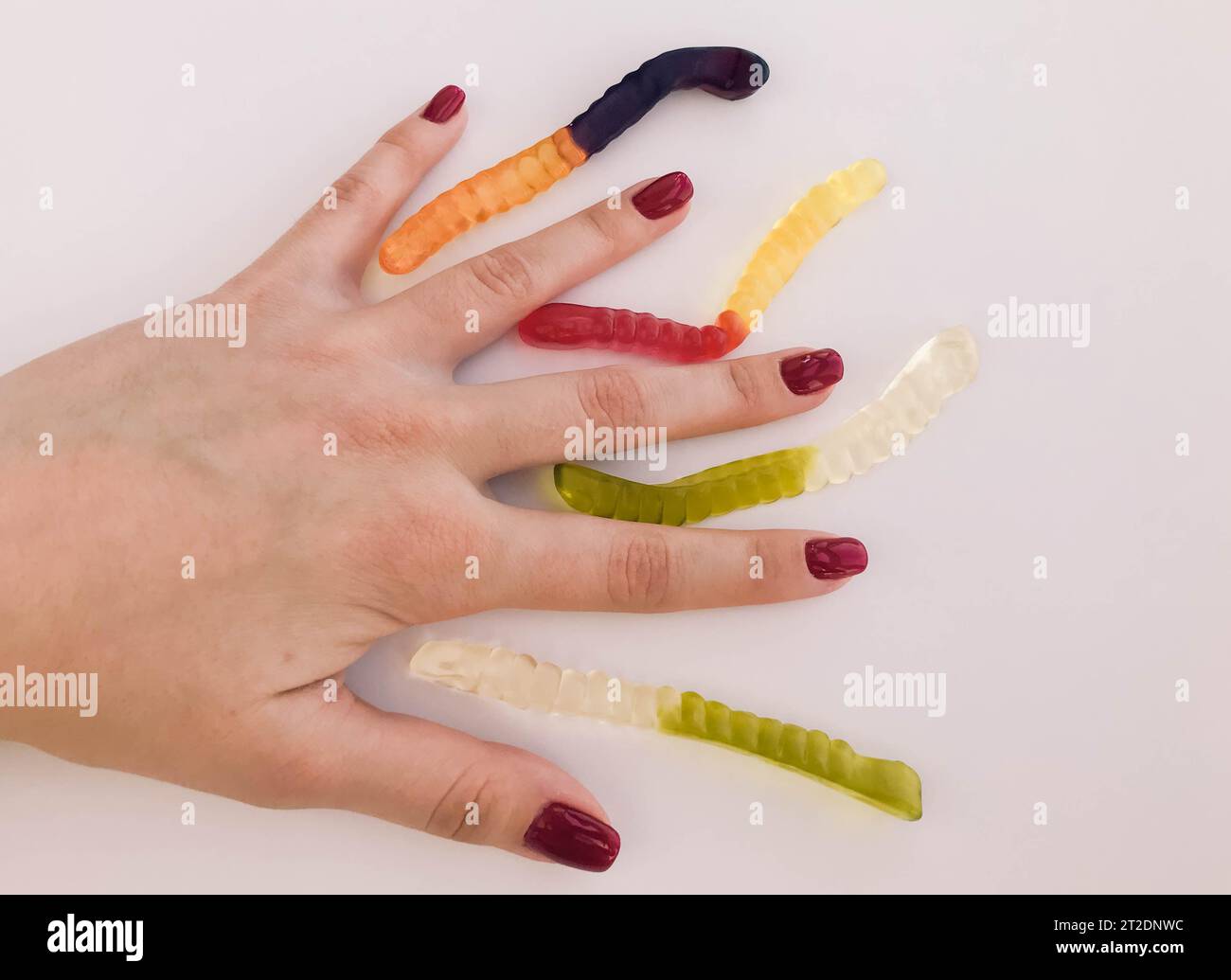long, mouth-watering, multi-colored worms on the hand of a girl with a ...