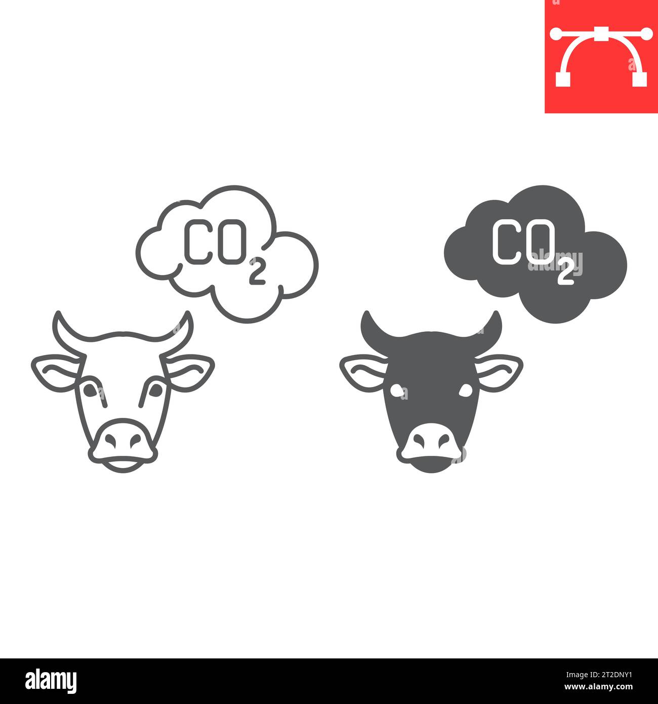 Methane emission from cow line and glyph icon, climate change and ...