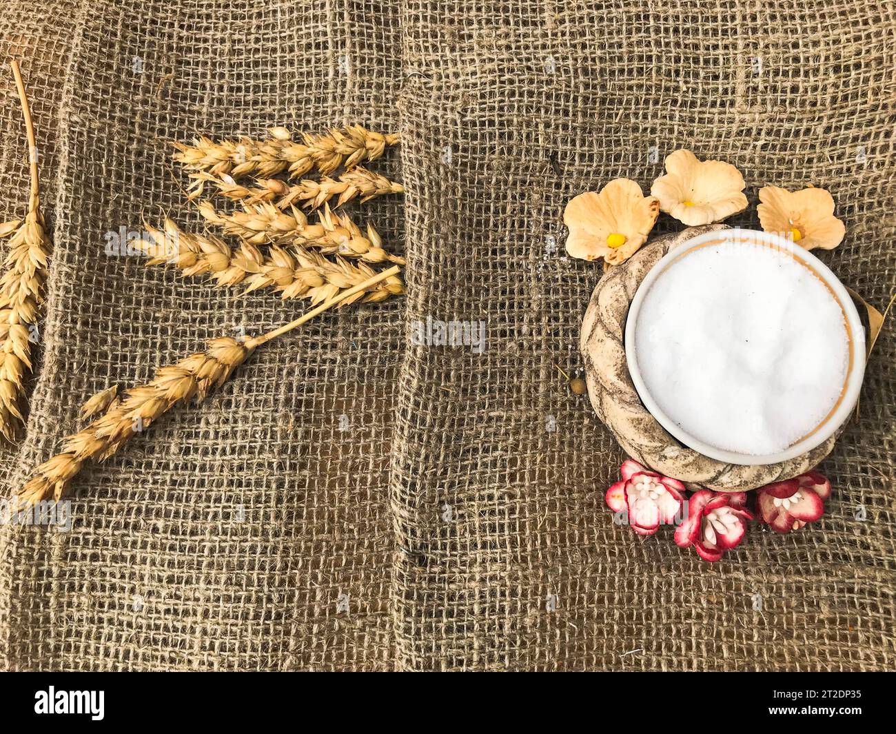 Wheat spikelets of straw and salt shaker with salt on an old brown ...