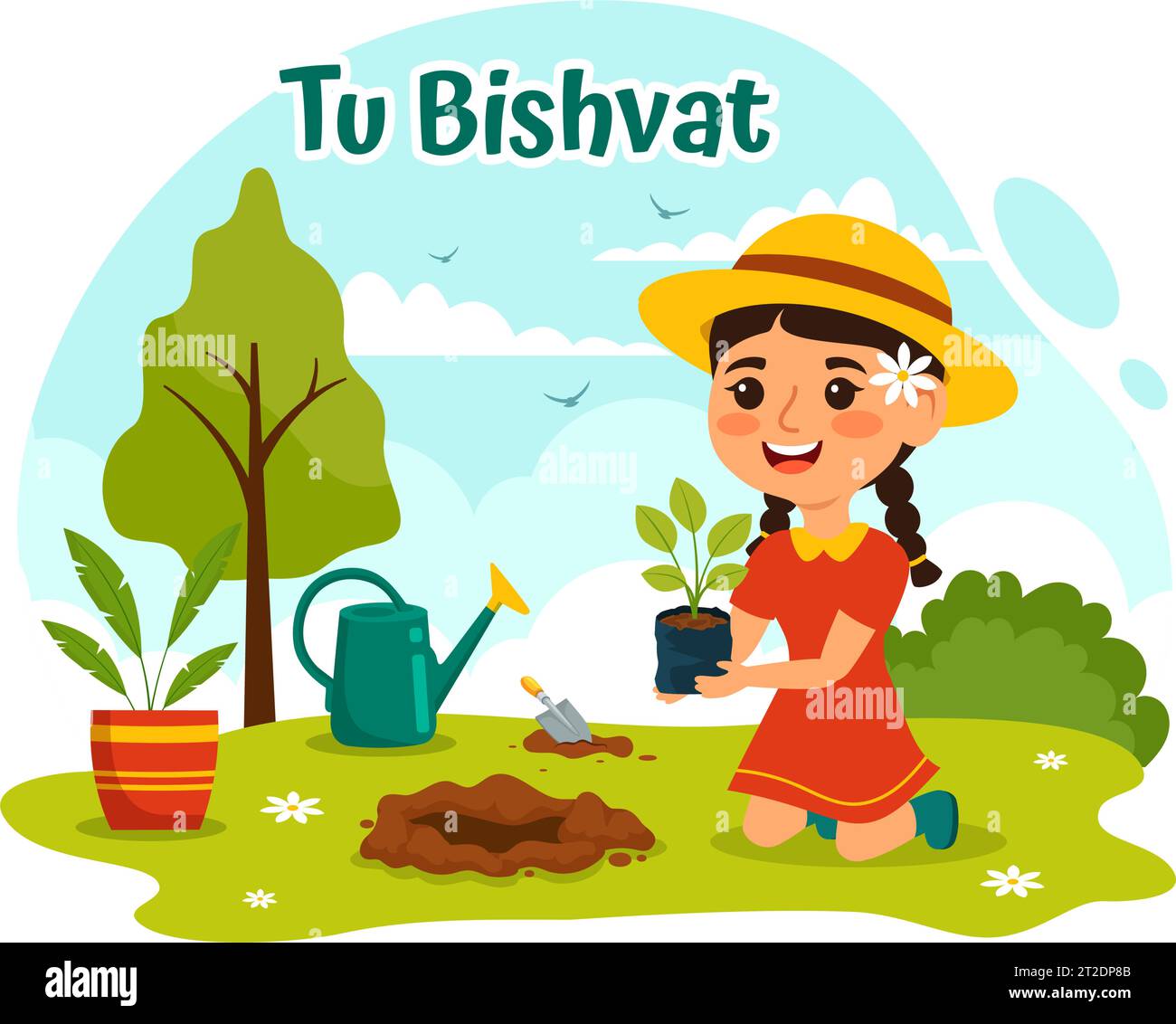 Happy Tu Bishvat Vector Illustration. Translation the Jewish New Year ...
