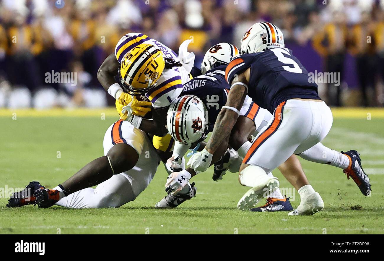 LSU Tigers wide receiver Aaron Anderson (1) is tackled by Auburn Tigers ...