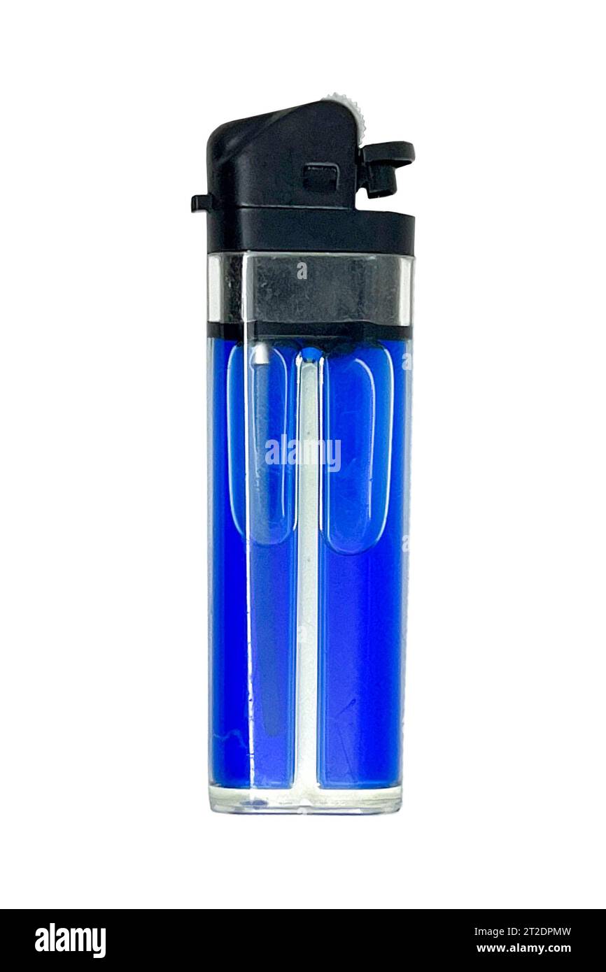 Blank plastic gas lighter isolated on white background, with blue ...