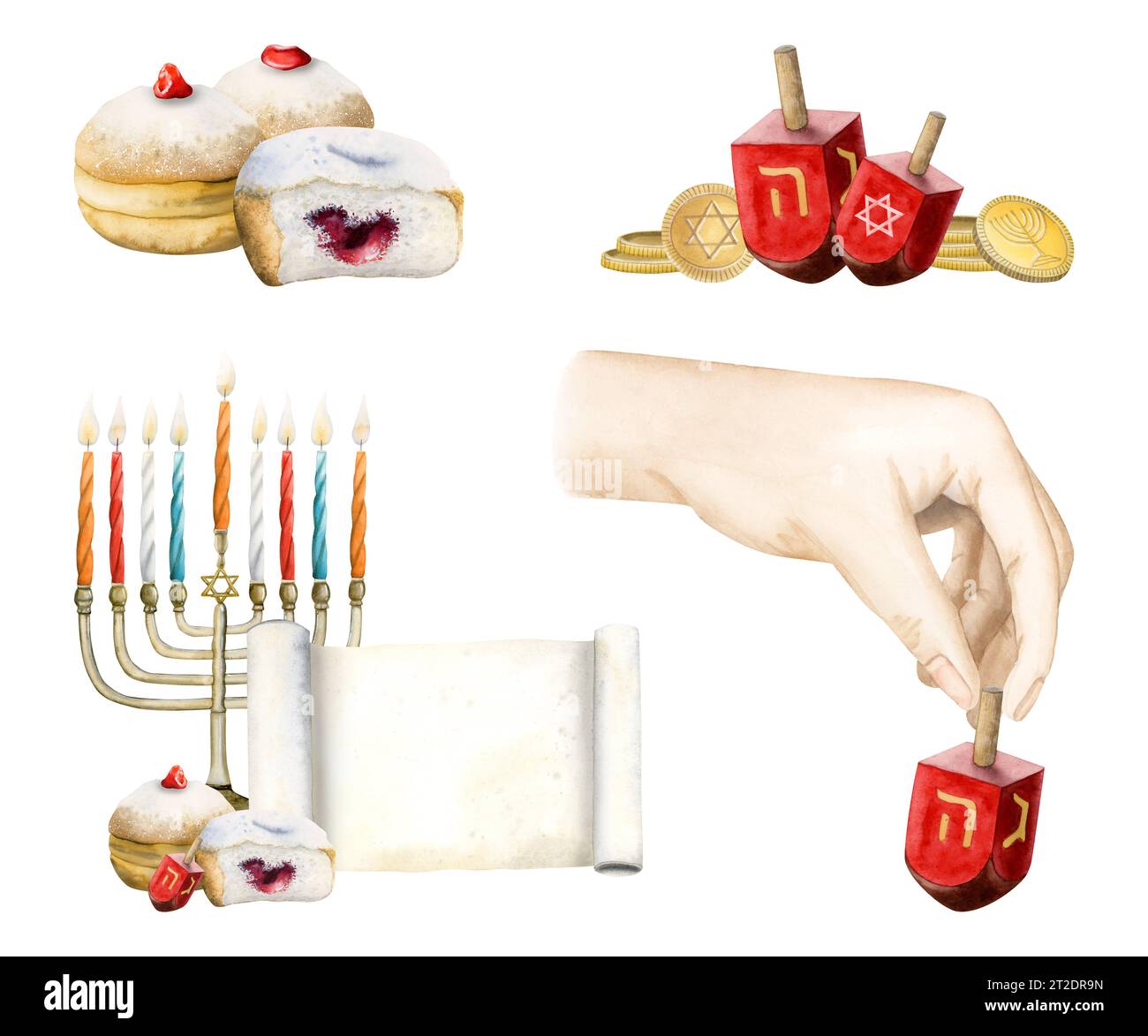 Hanukkah symbols watercolor illustration set isolated on white ...