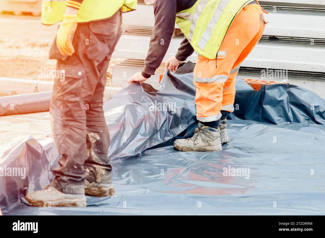 Ground floor waterproofing membrane installation on new house Stock ...