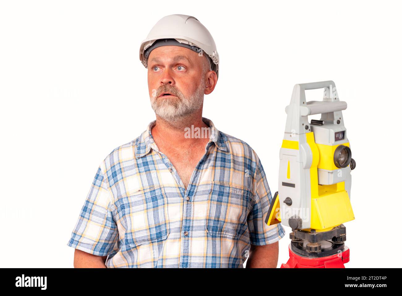 Surprased Surveyor builder site engineer in white hard hat in shock and ...