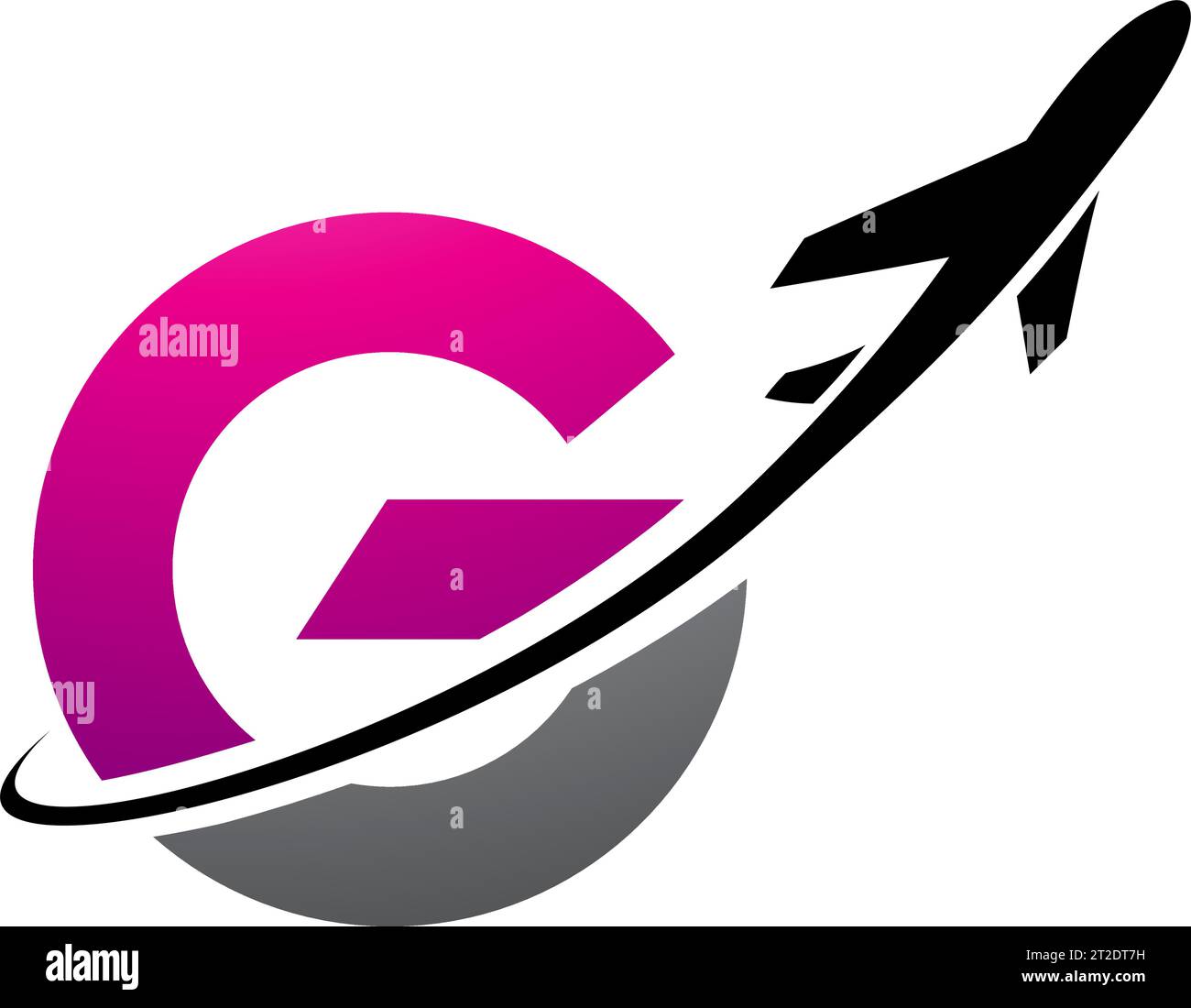 Magenta and Black Uppercase Small Letter G Icon with an Airplane on a ...