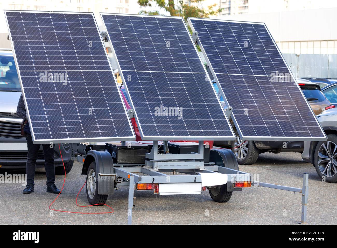 Big solar panels array at trailer portable power equipment technology ...