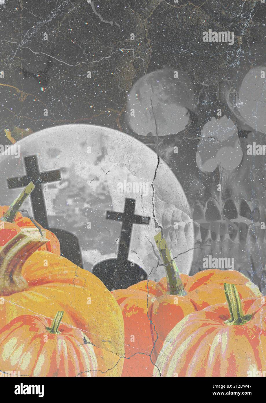Halloween vertical background with pumpkin, graveyard, haunted skull ...