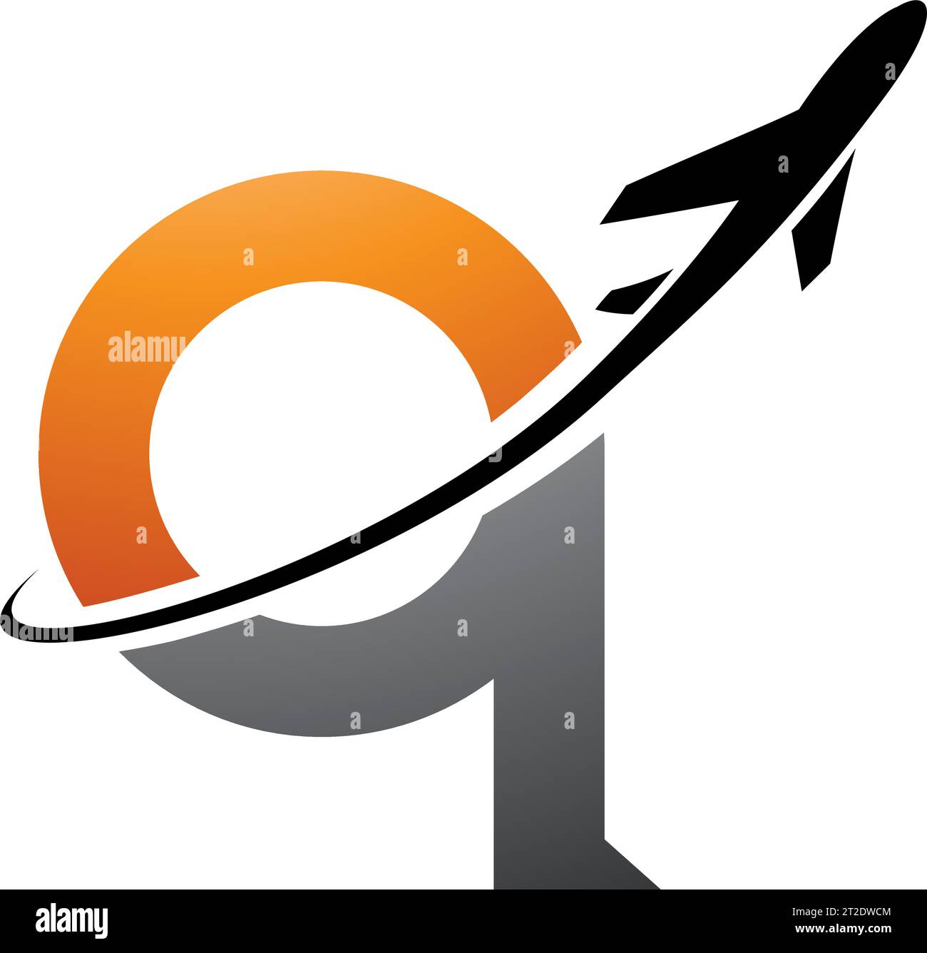 Orange and Black Lowercase Letter Q Icon with an Airplane on a White ...