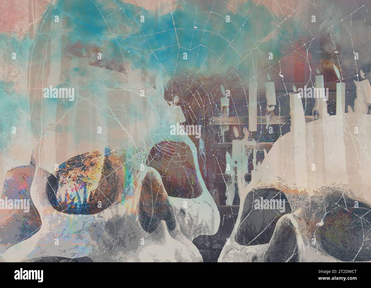 skull and smoke with cross and graveyard, black and white background ...