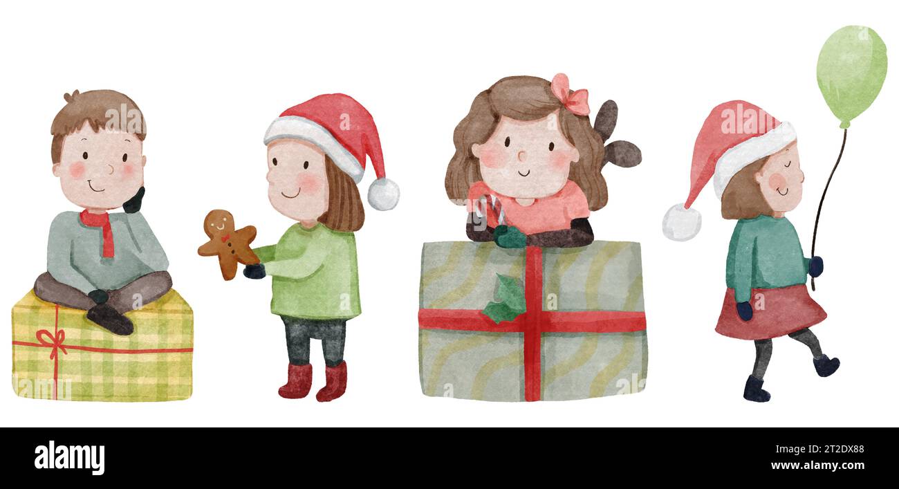 Children with christmas costume . Watercolor paint cartoon characters ...