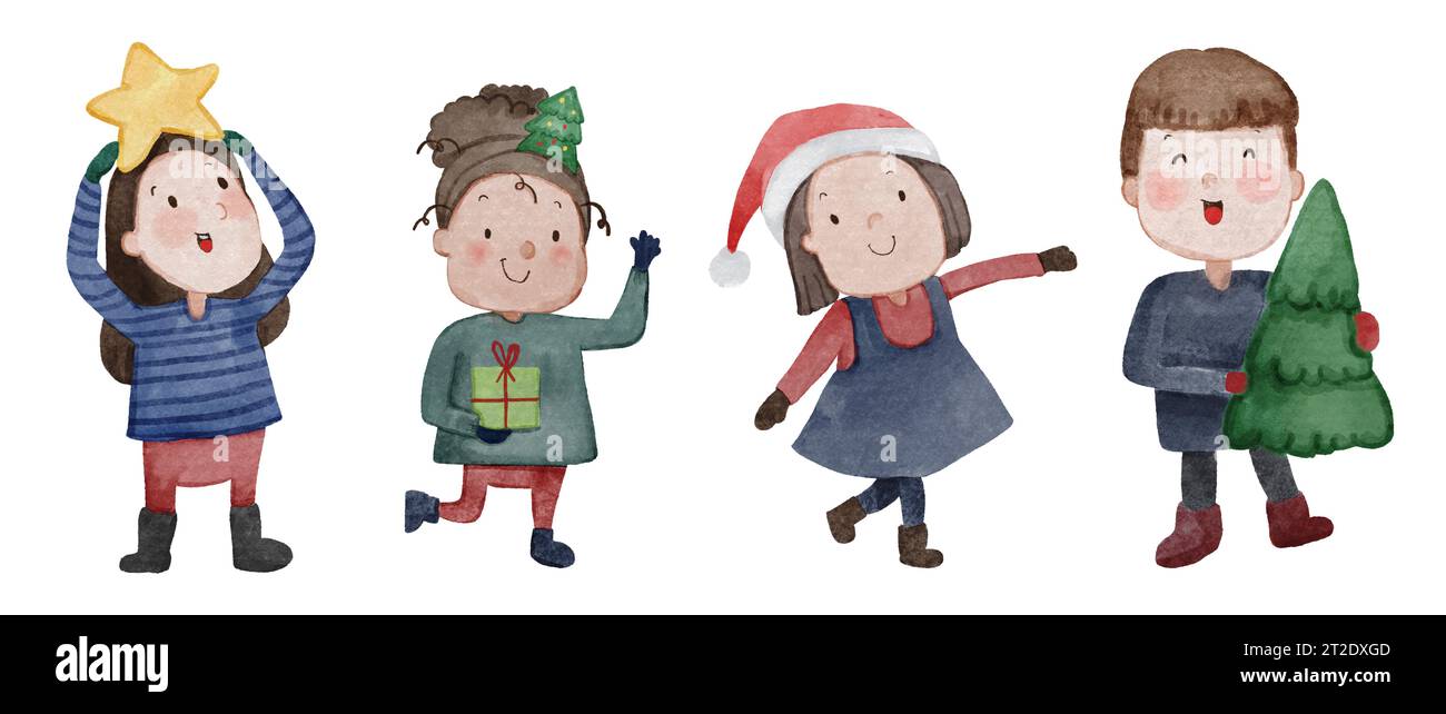Children with christmas costume . Watercolor paint cartoon characters ...