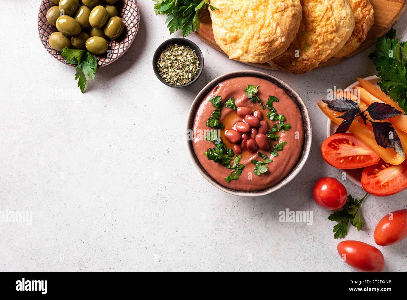 Middle eastern, arabic traditional breakfast with foul, olives ...