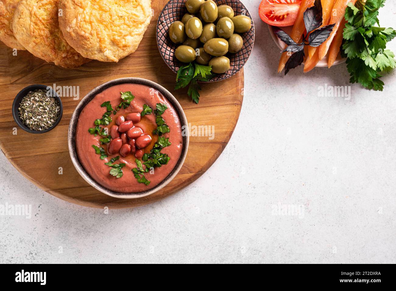 Middle eastern, arabic traditional breakfast with foul, olives ...