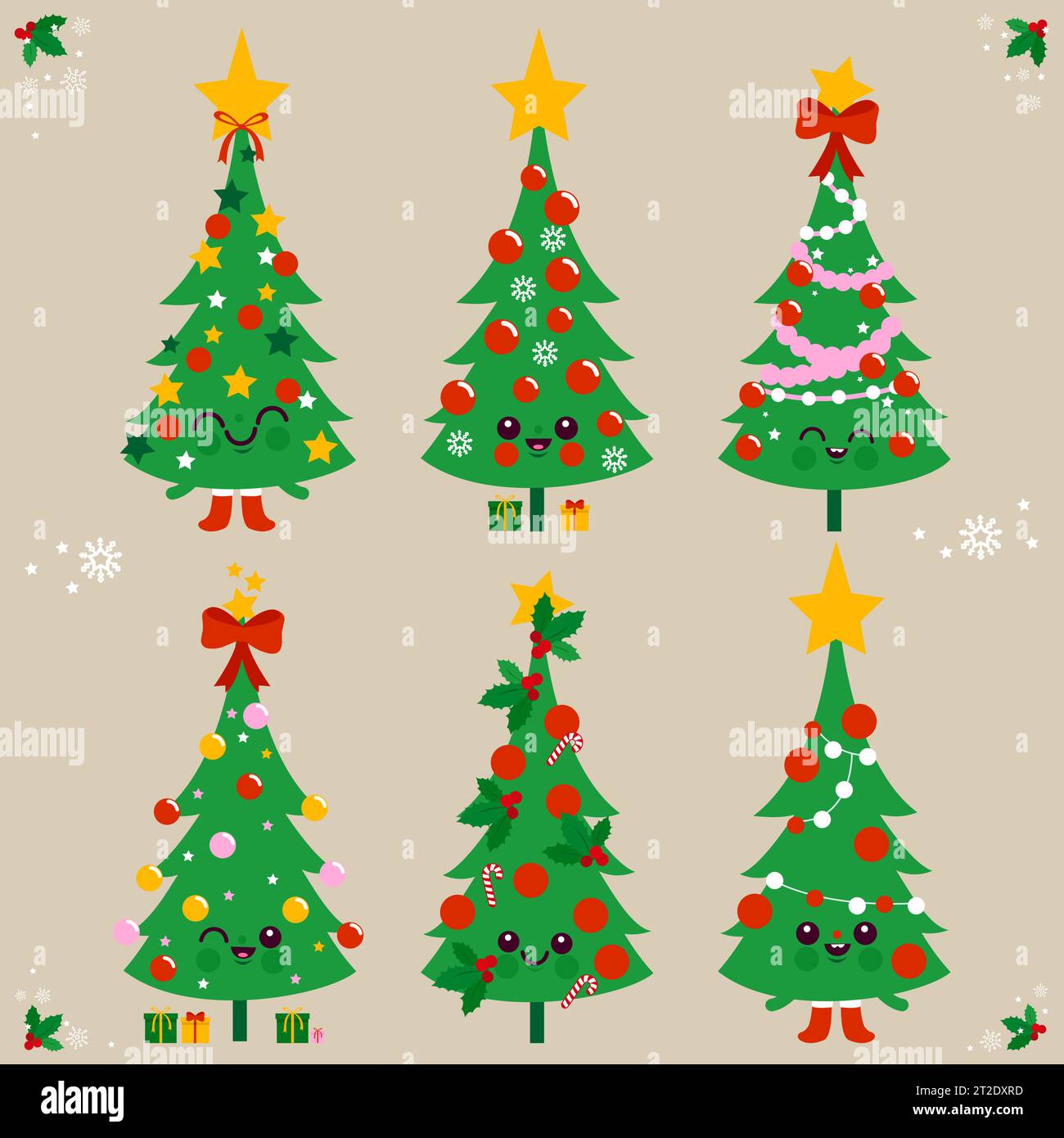 Cute Christmas trees characters with Christmas gifts and holy berry ...