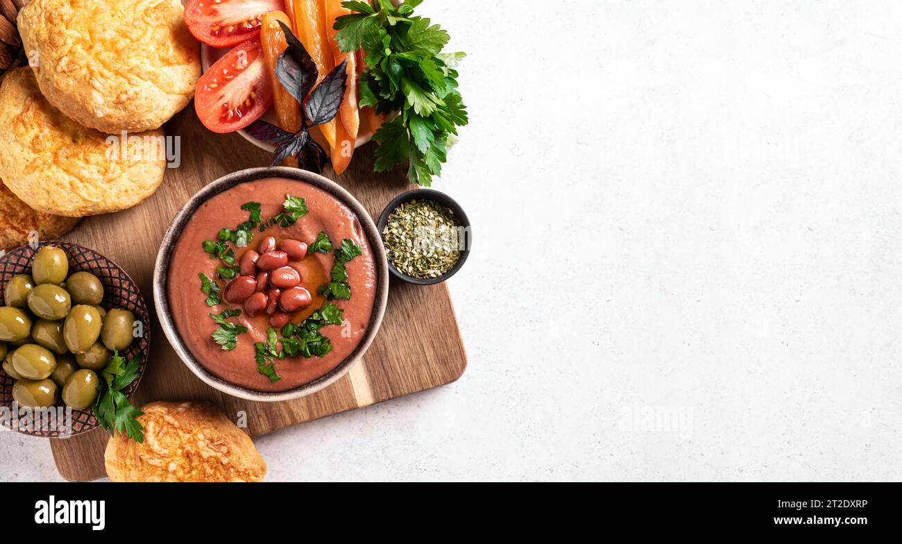 Middle eastern, arabic traditional breakfast with foul, olives ...