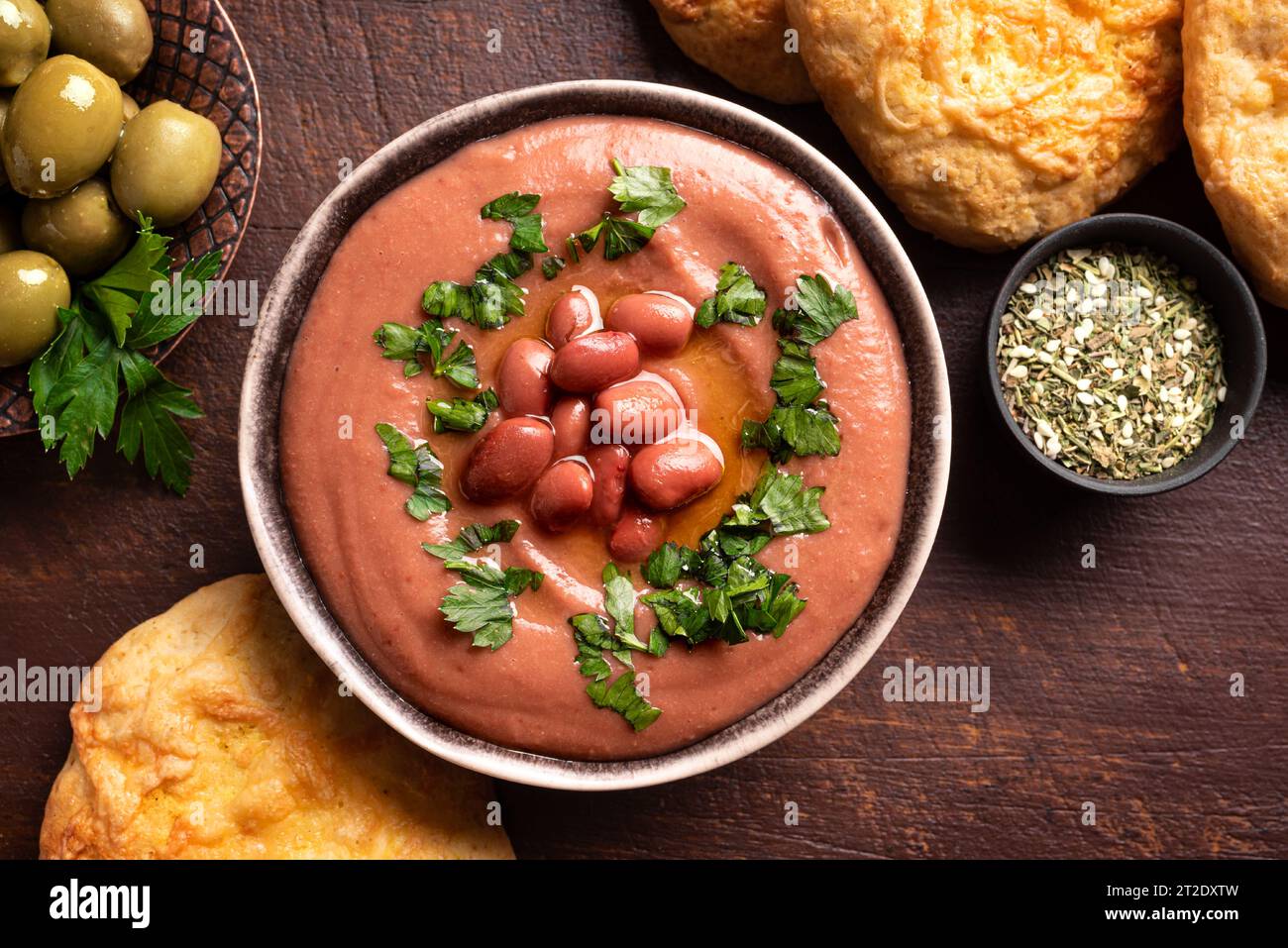 Middle eastern, arabic traditional breakfast with foul, olives ...
