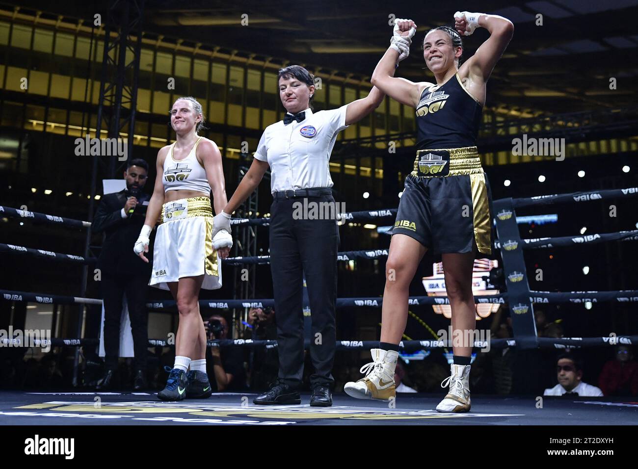 Paris, France. 18th Oct, 2023. Challenge's referee announces the winning of French boxer Amina ...