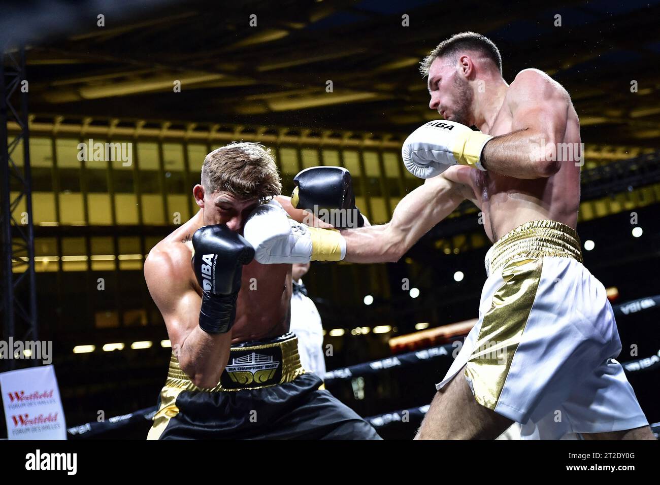 Paris, France. 18th Oct, 2023. Croat boxer Gabrijel Veocic (R) competes ...