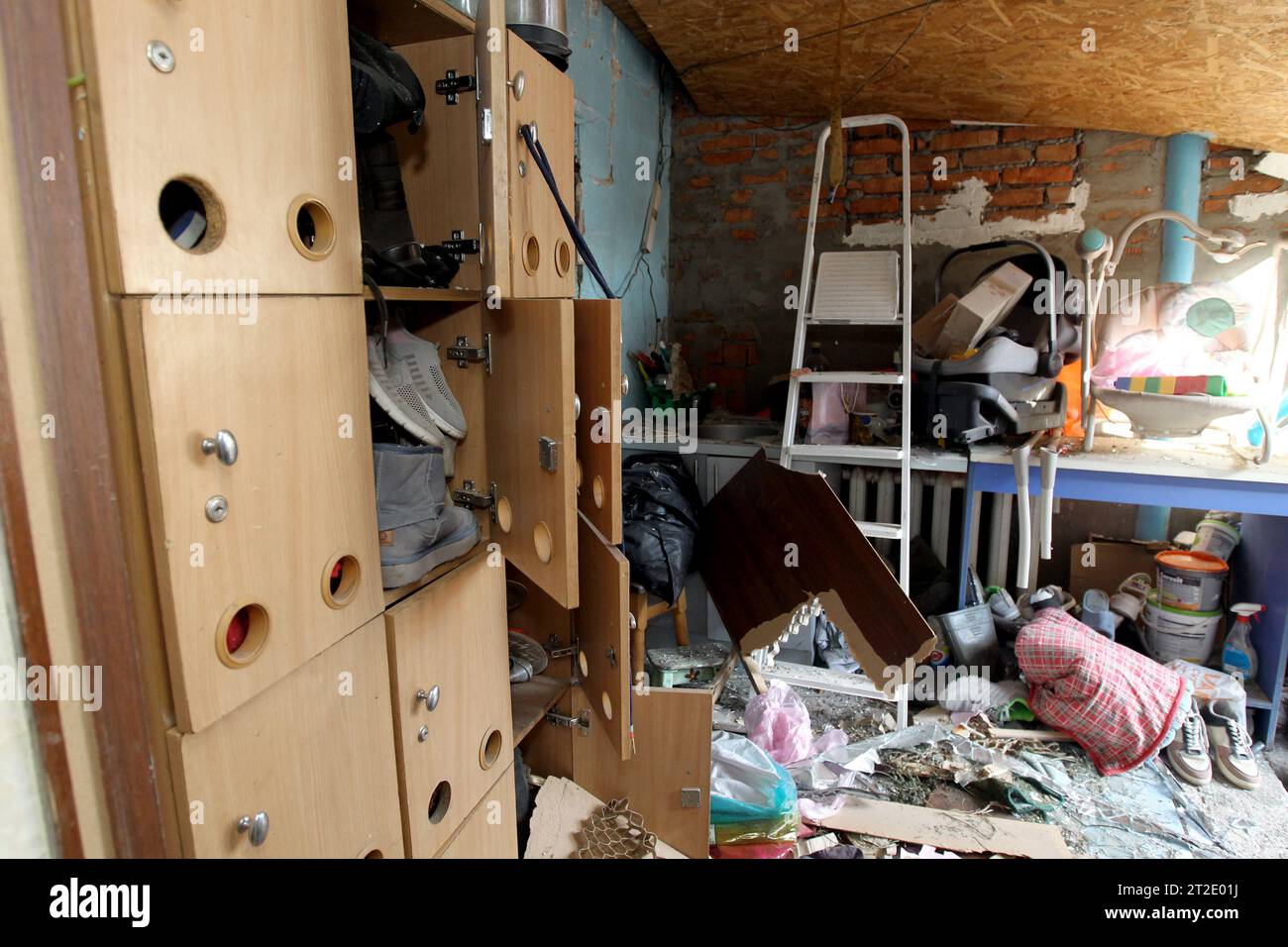 DNIPRO, UKRAINE - OCTOBER 18, 2023 - The interior of a house destroyed ...