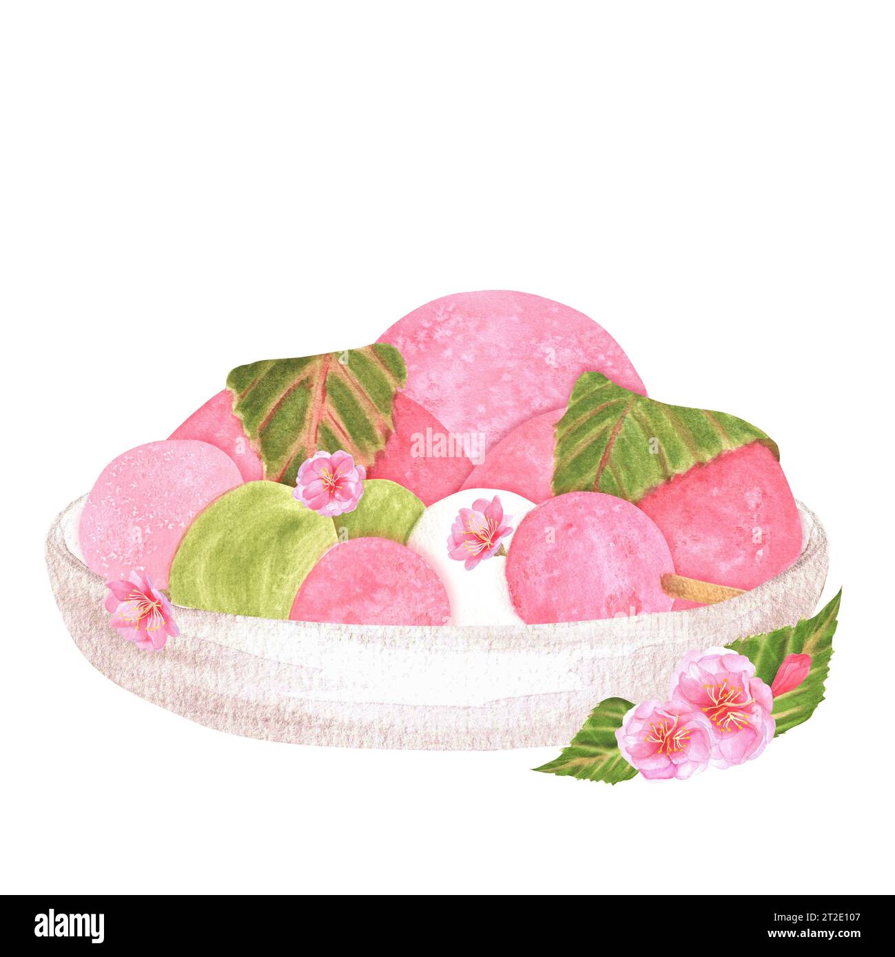 Hand-drawn watercolor illustration. White ceramic bowl with pink mochi and dango sweets with ...