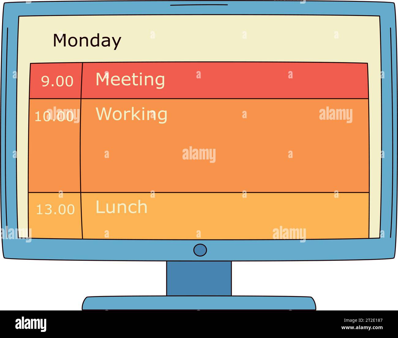 Computer with daily schedule on monitor screen in cartoon style Stock ...