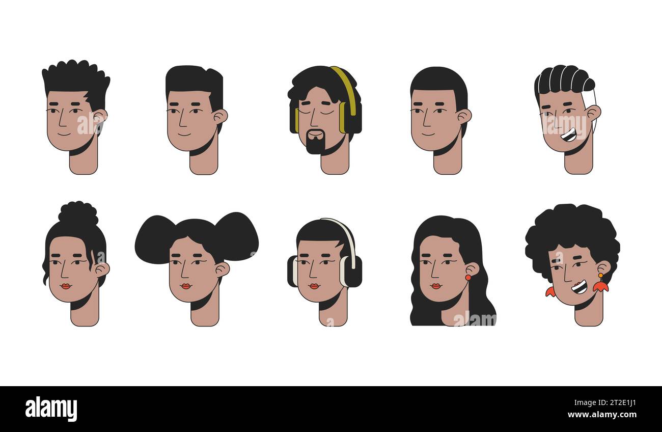 African American Millennial 2d Linear Cartoon Character Faces