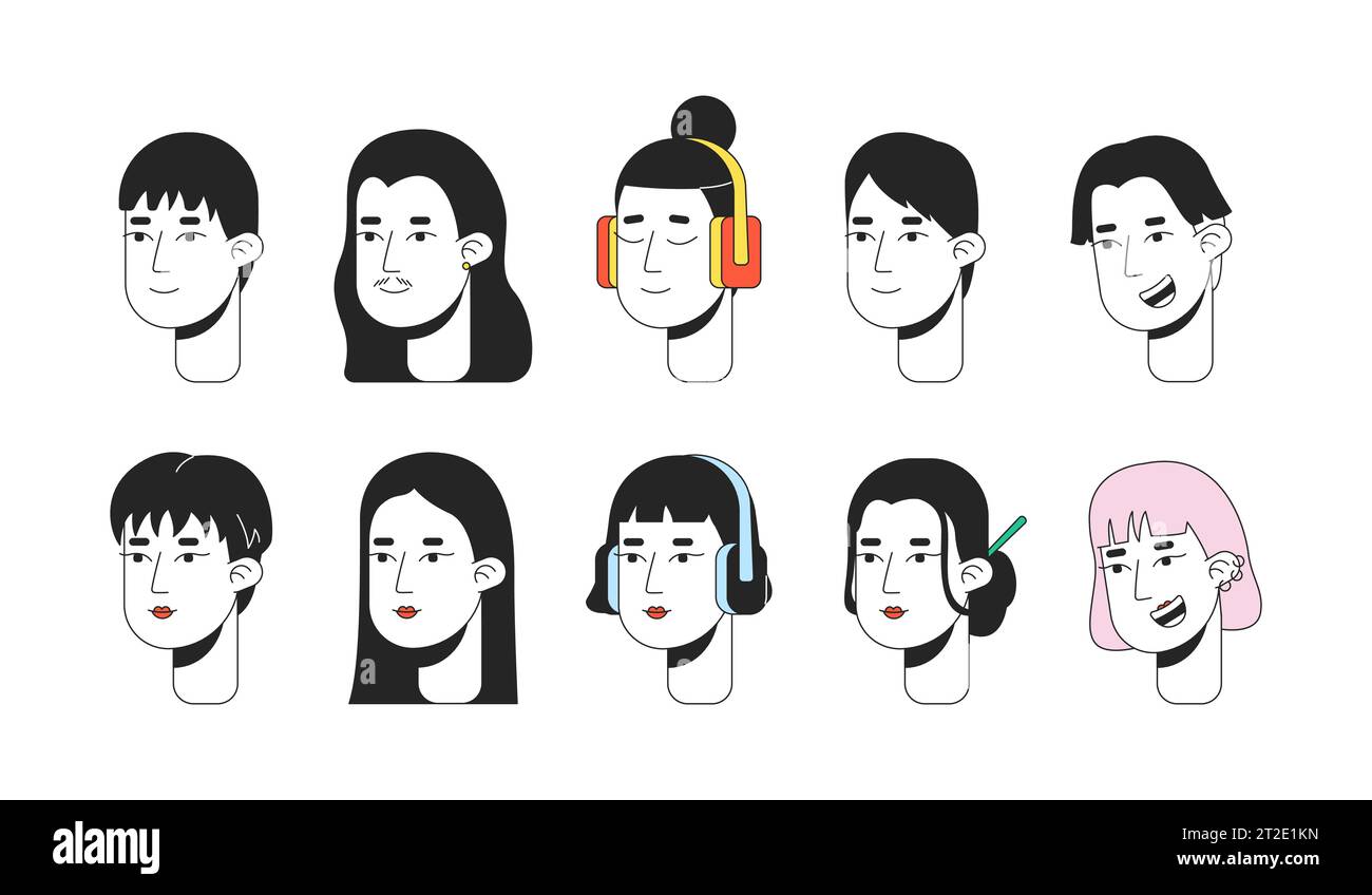 Asian Ethnicity Young Adult 2d Linear Cartoon Character Faces Set Stock