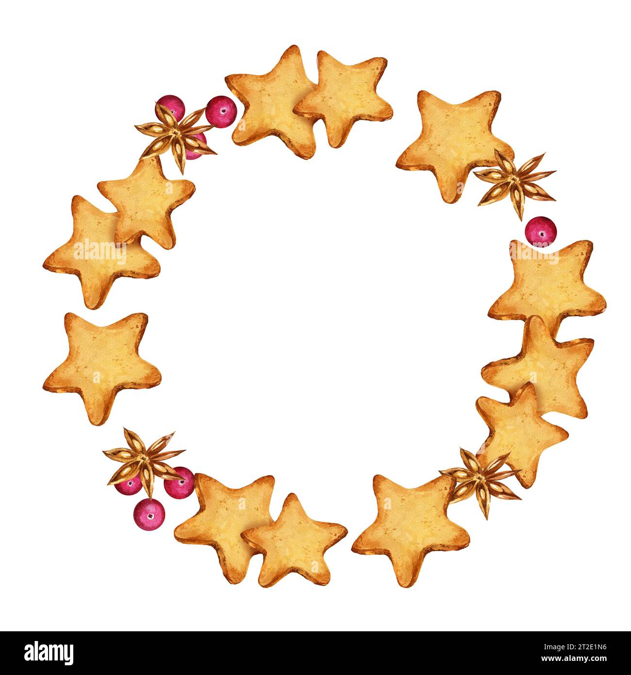 watercolor round border with cookies, biscuit. spices, red berries ...