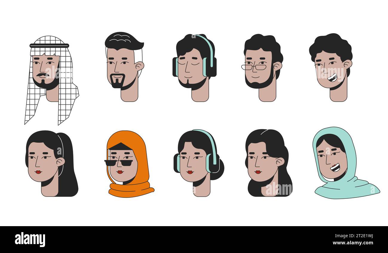 Arab middle eastern 2D linear cartoon character faces set Stock Vector ...