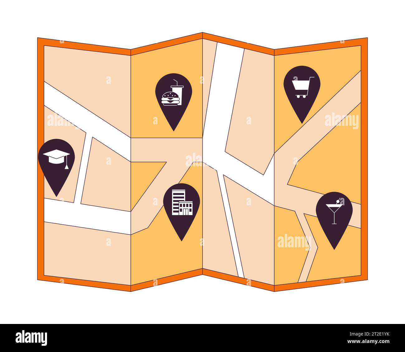 Neighborhood Map With Pinpoints 2d Linear Cartoon Object Stock Vector