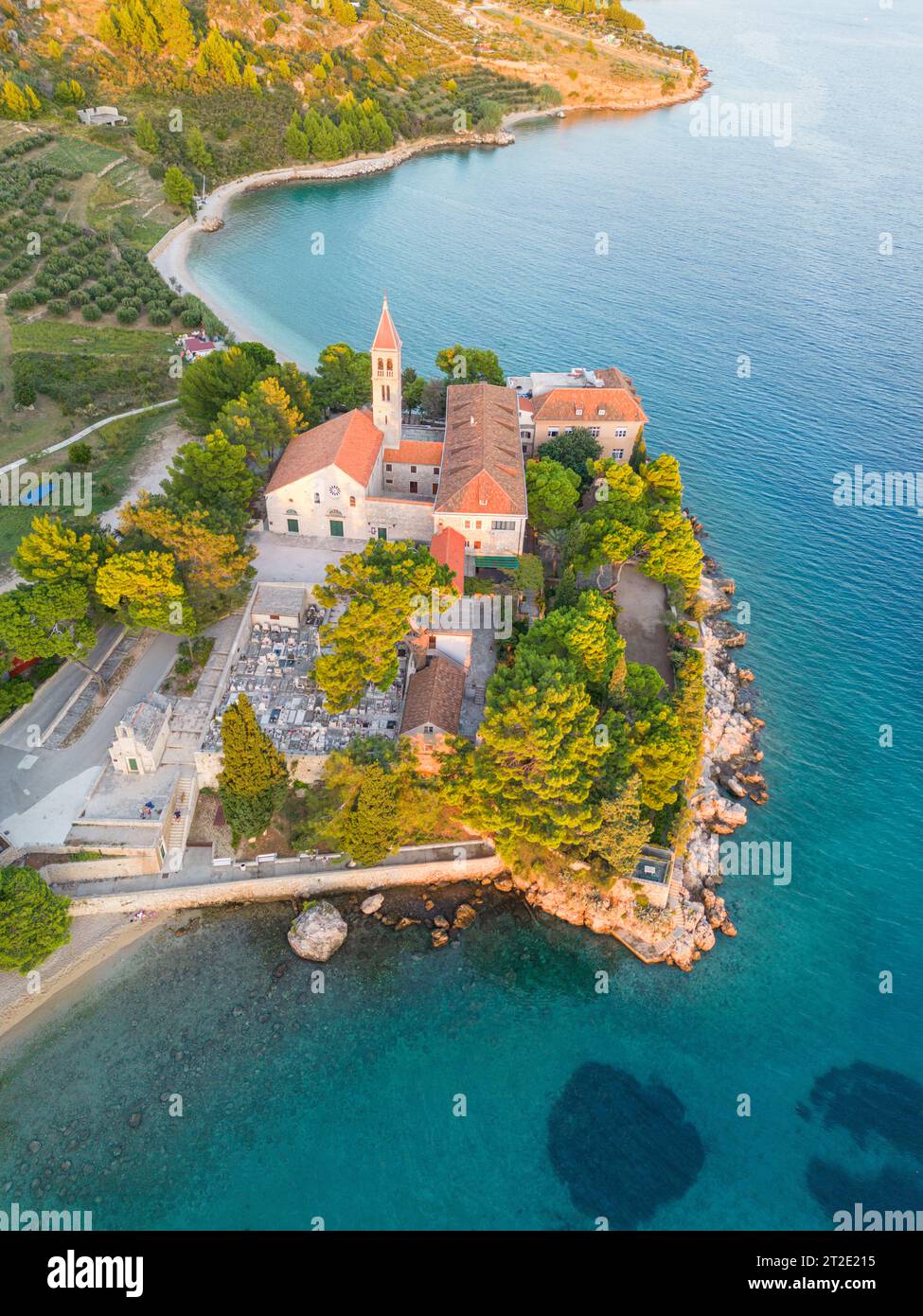 Aerial drone shot of the Dominican Monastery in Bol, Brač Island in ...