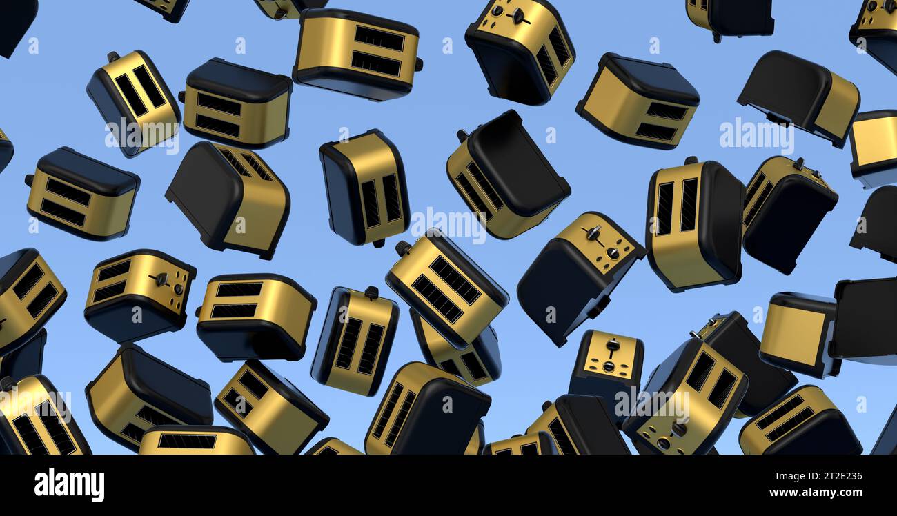 Many of flying stainless steel toaster for making toast bread on a blue ...