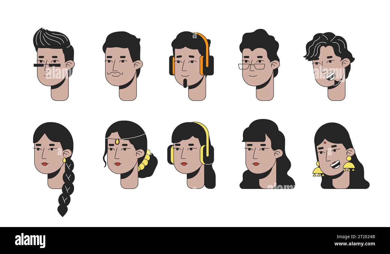 Indian Modern 2d Linear Cartoon Character Faces Set Stock Vector Image