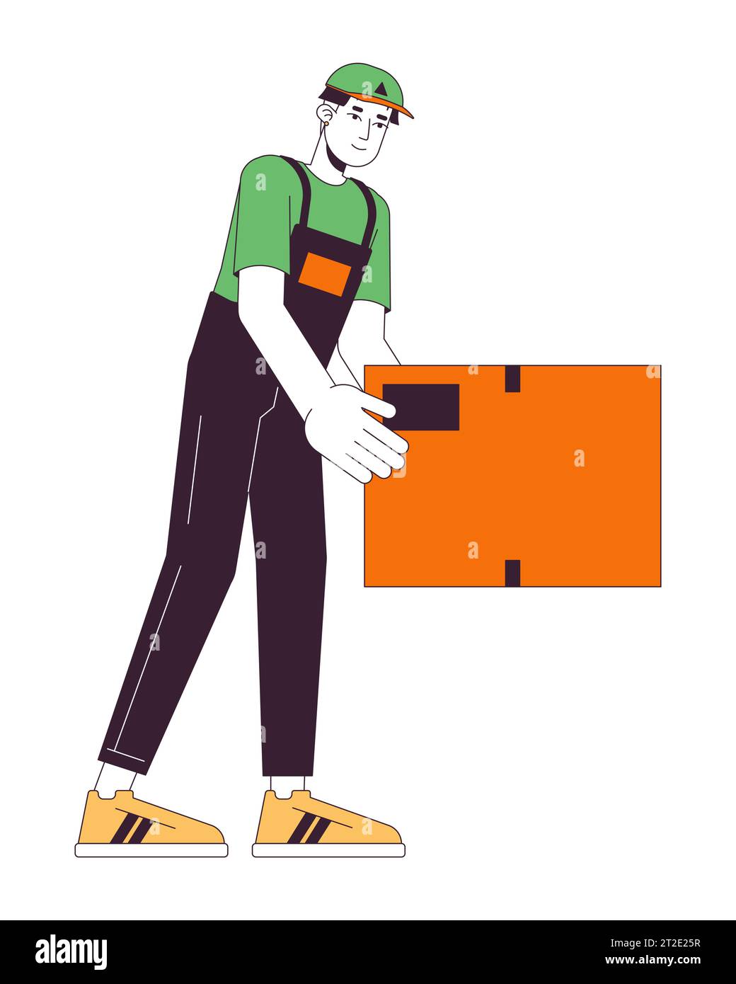 Young adult asian delivery man putting down box 2D linear cartoon ...