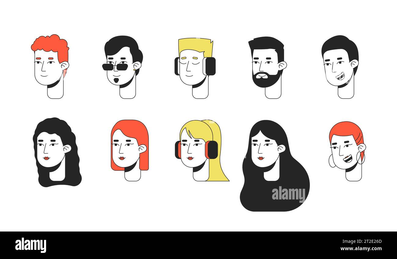 Caucasian millennial 2D linear cartoon character faces set Stock Vector ...