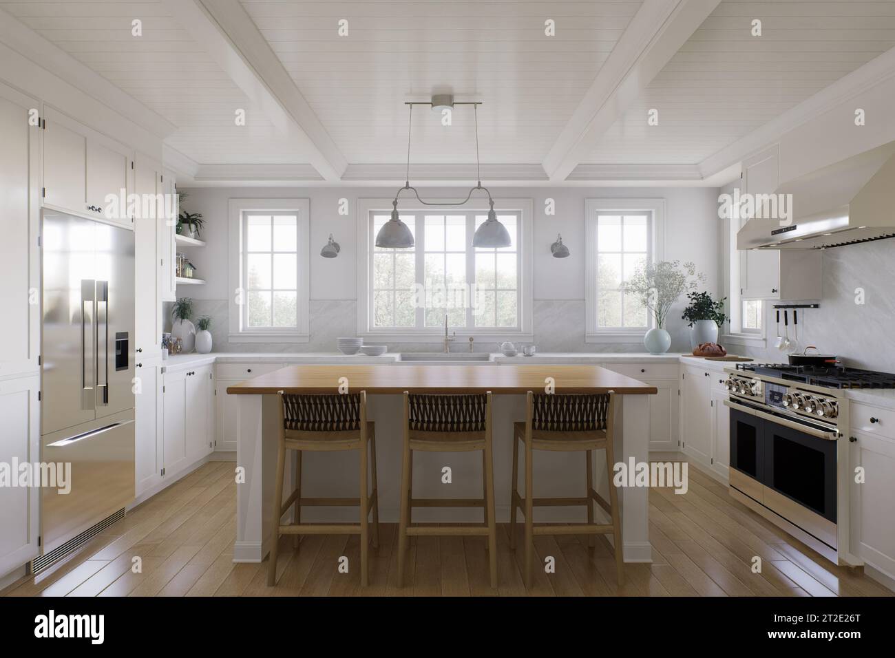 White U-shaped kitchen with windows, kitchen appliances and utensils ...
