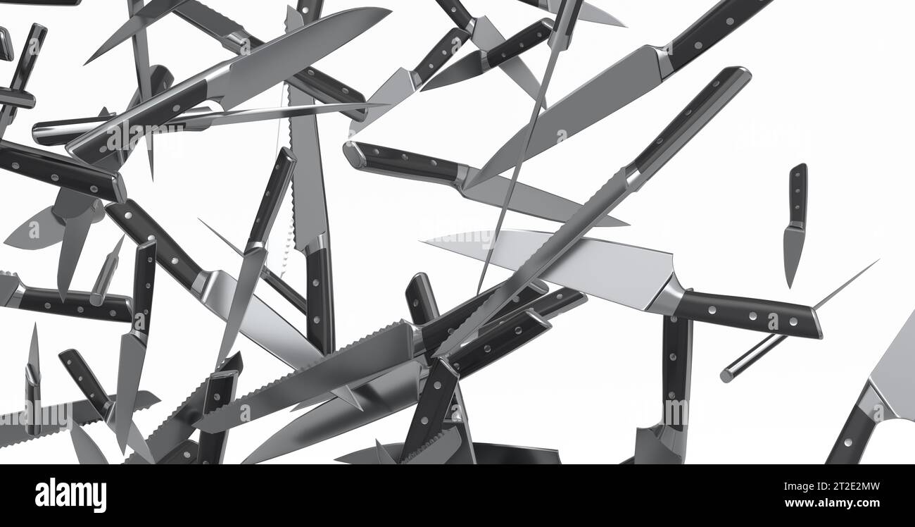 Many of flying chef's kitchen knives on white background Stock Photo ...