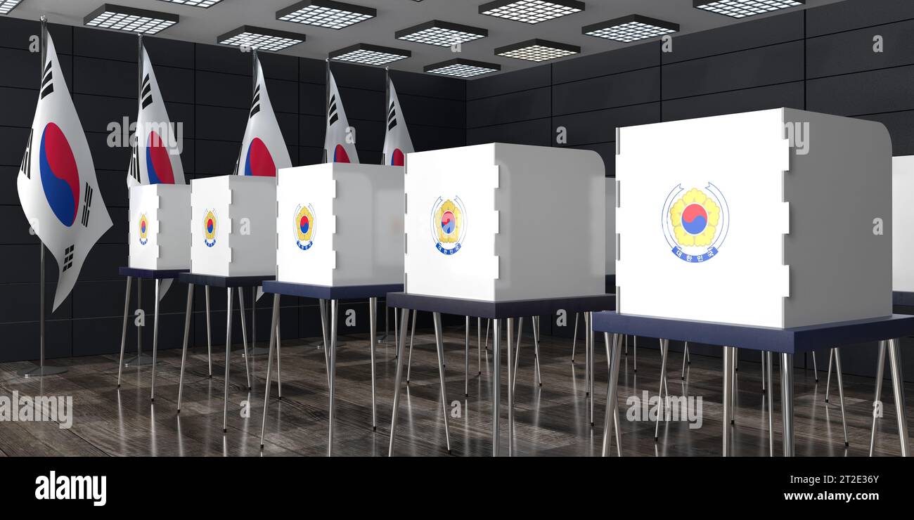 South Korea - polling station and voting booths with coat of arms ...