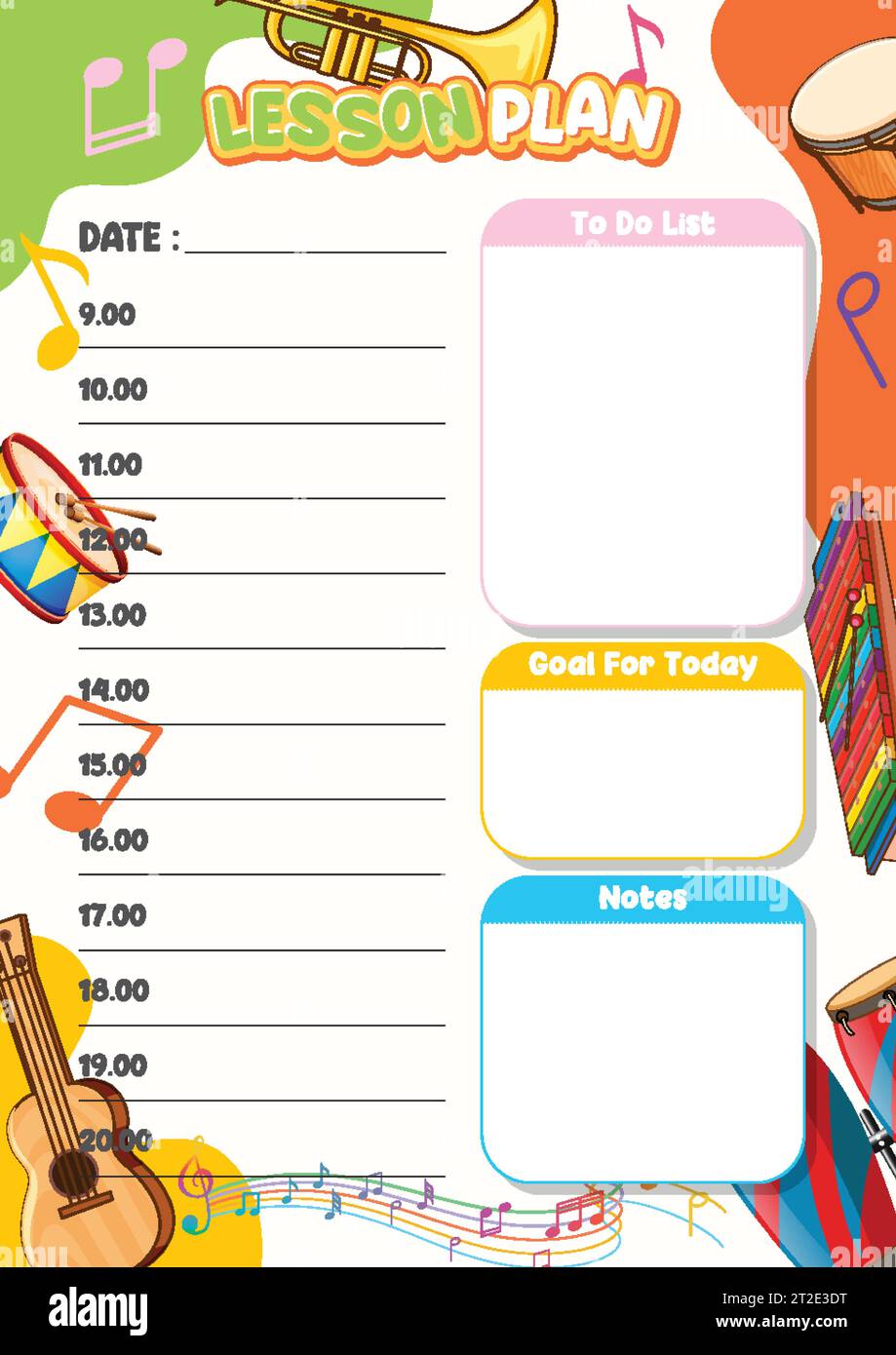 A vector cartoon illustration of a weekly lesson plan with notes ...