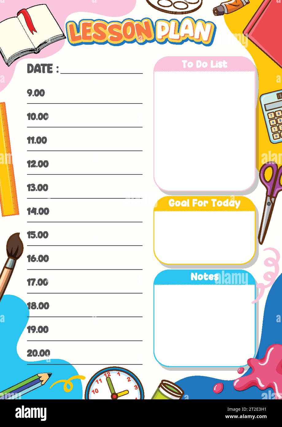 Cartoon-style vector illustration of a daily lesson plan template ...