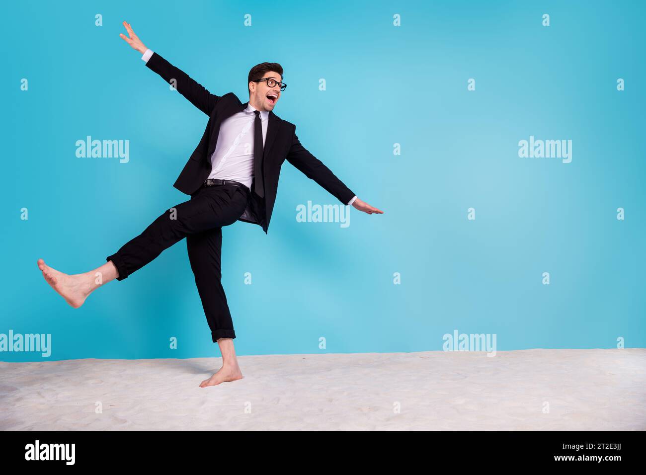Full length photo of carefree positive guy dressed black tuxedo having ...
