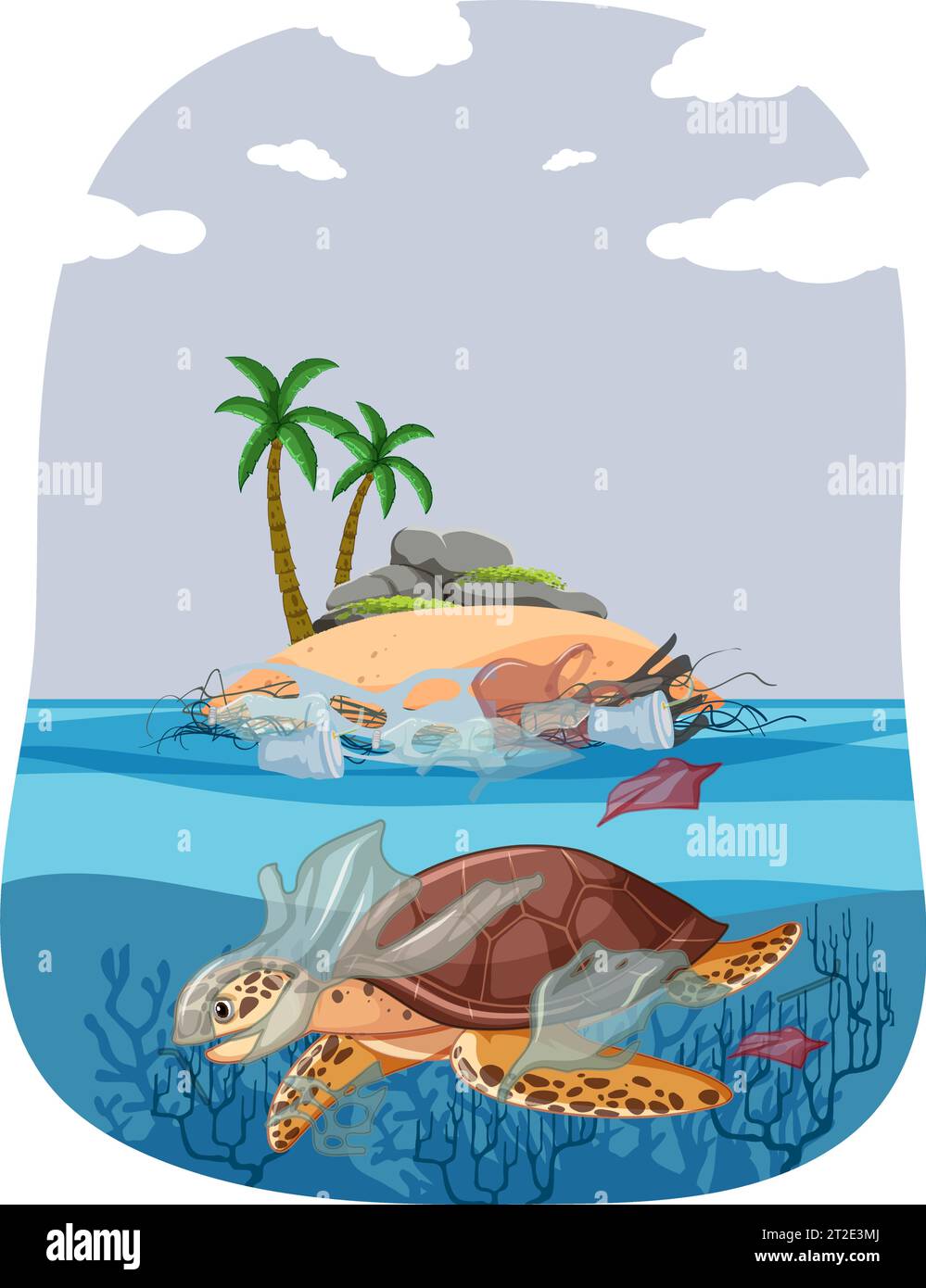 A cartoon turtle in distress due to plastic pollution in the sea Stock ...