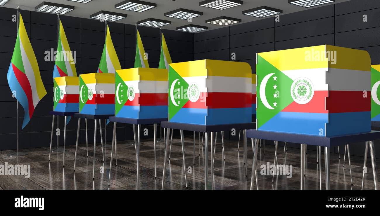 Comoros - polling station and voting booths with coat of arms ...