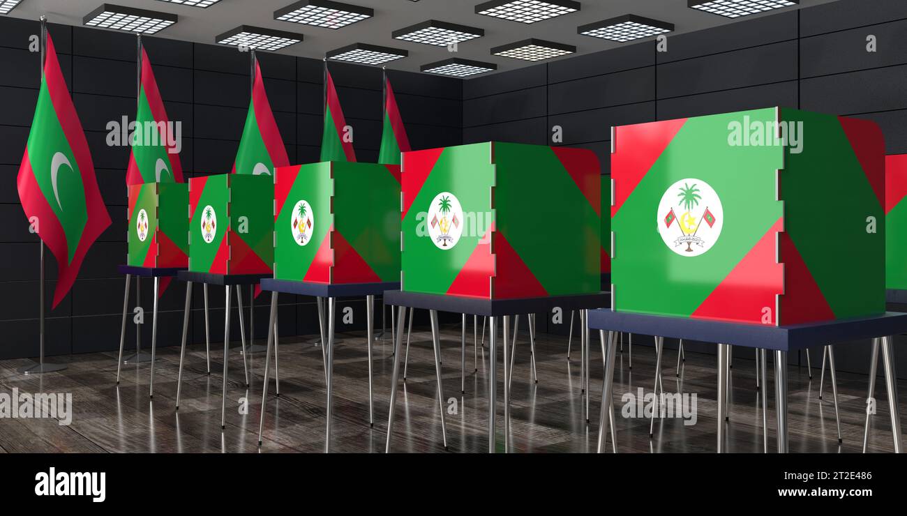 Maldives - polling station and voting booths with coat of arms ...